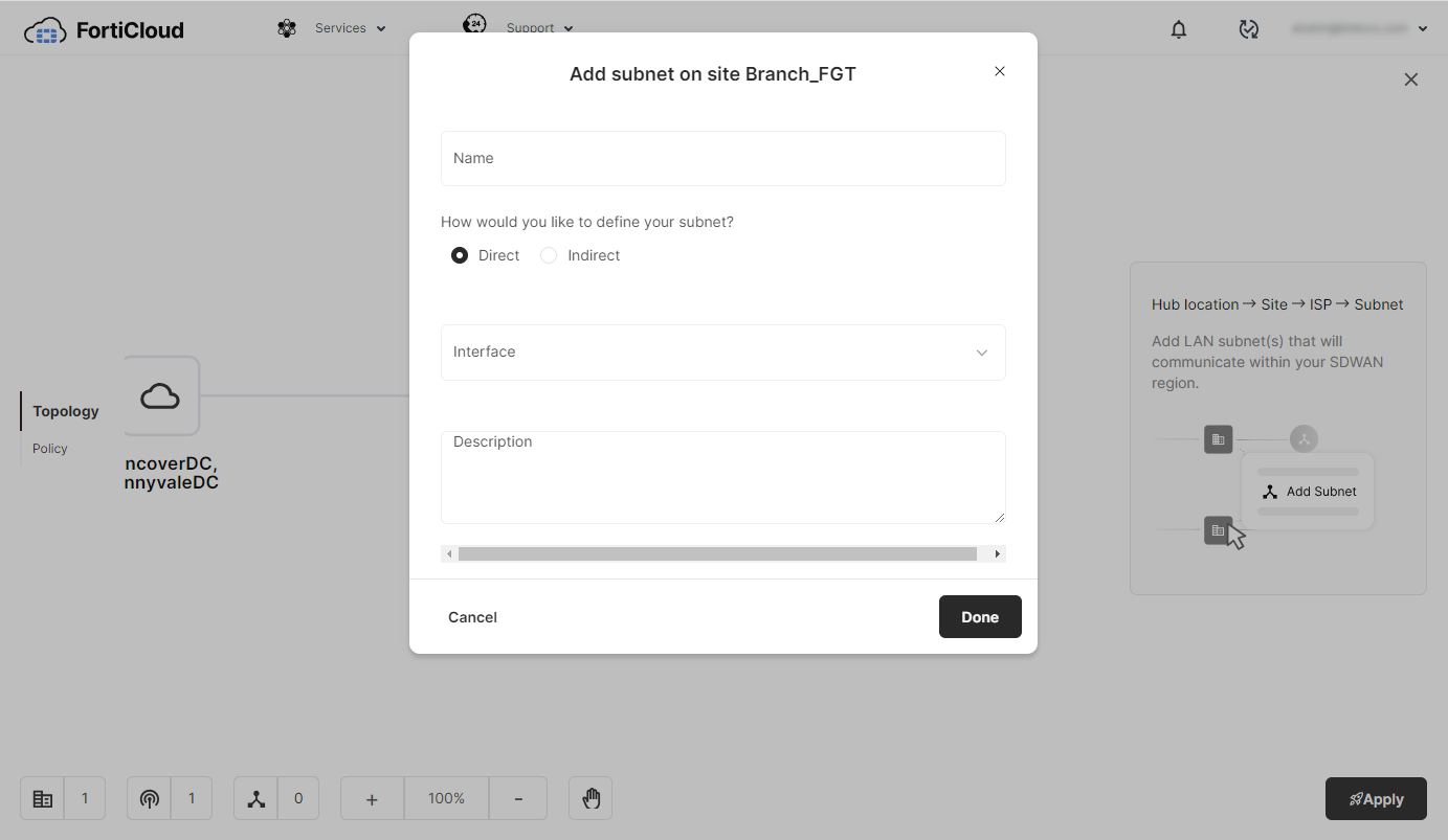 Adding a subnet for the site | Overlay-as-a-Service 24.2.0 | Fortinet ...
