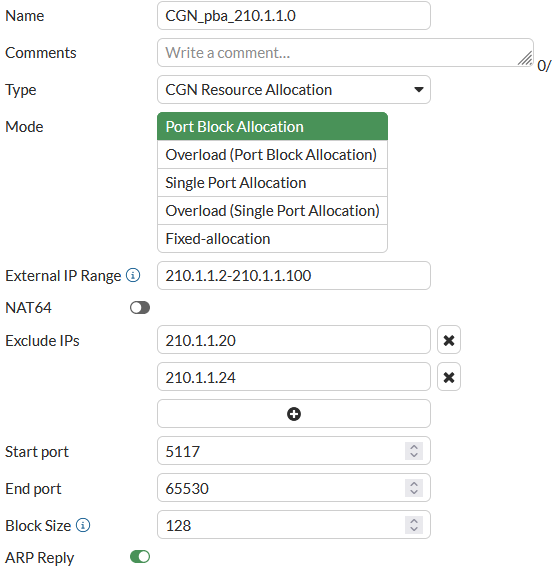Port block allocation CGN IP pool | FortiGate / FortiOS 7.6.3 | Fortinet Document Library