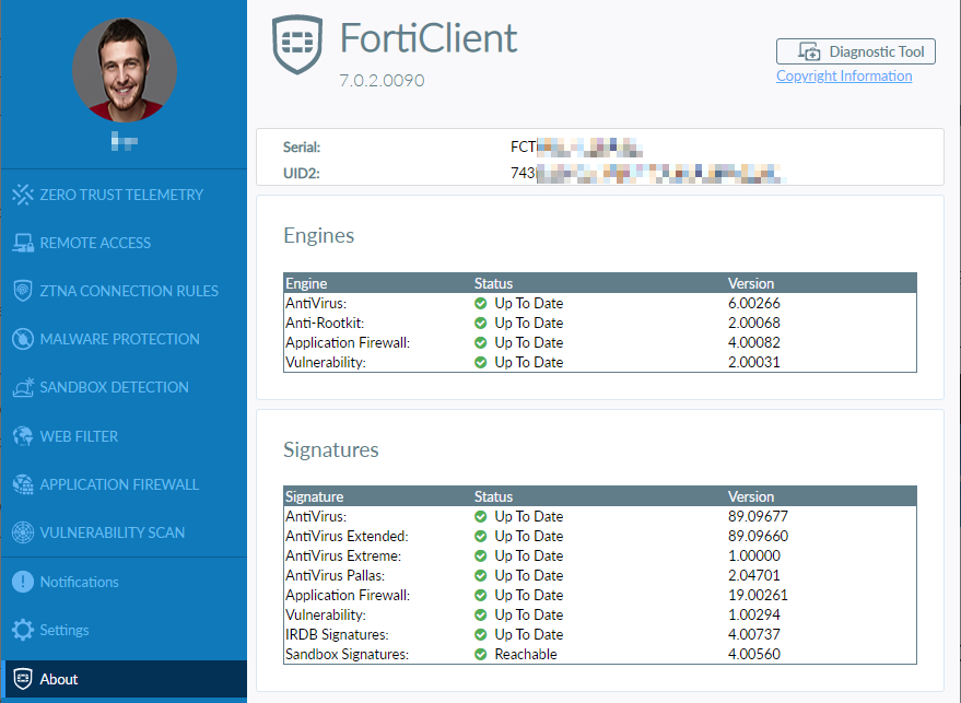 Viewing FortiClient engine and signature versions | FortiClient 7.4.3 ...