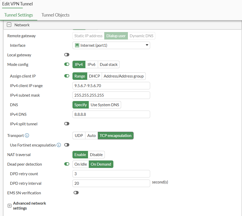 Dialup IPsec VPN using custom TCP port | FortiGate / FortiOS 7.6.1 ...