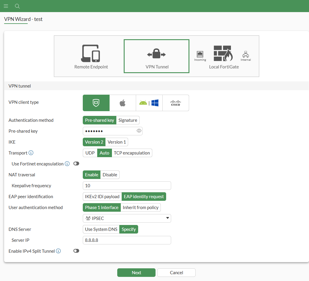 Dialup IPsec VPN using custom TCP port | FortiGate / FortiOS 7.6.1 ...