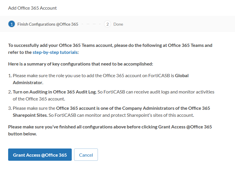 Add Office 365 Account | FortiCASB 23.4.a | Fortinet Document Library