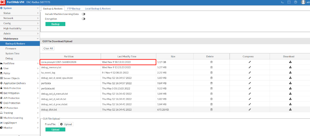 Checking core files and basic coredump information | FortiWeb 8.0.0 | Fortinet Document Library
