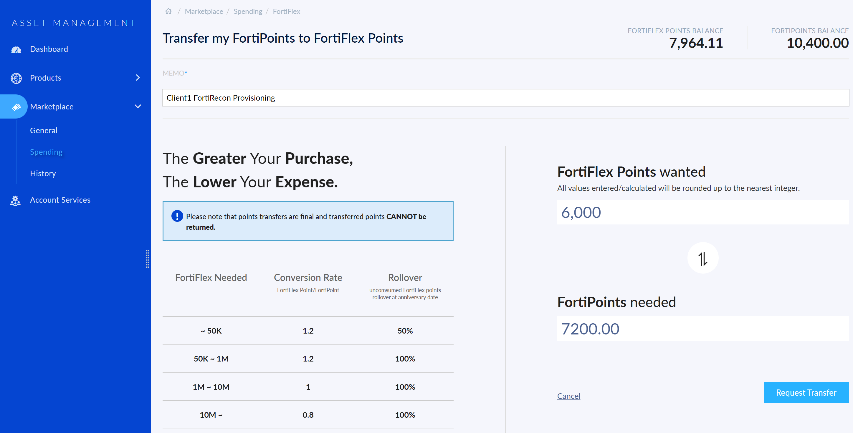 Transferring FortiPoints to FortiFlex points | FortiRecon 24.4.b ...