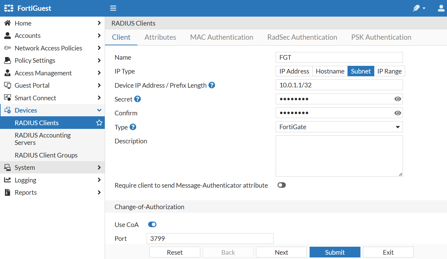 Adding FortiGate as a RADIUS Client | FortiGuest 2.2.0 | Fortinet ...