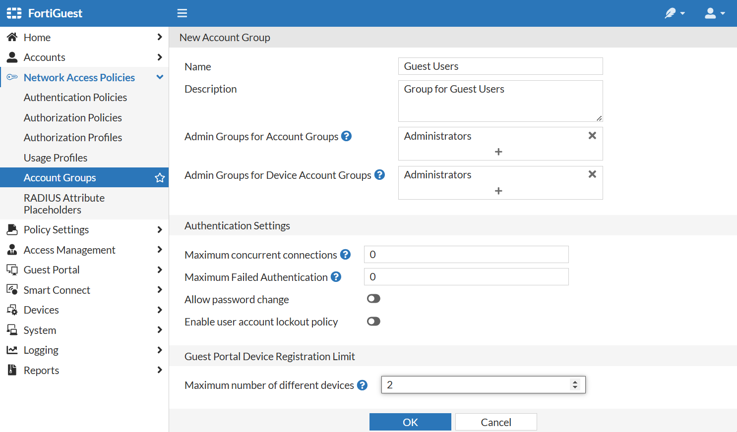 Creating an Account Group | FortiGuest 2.2.0 | Fortinet Document Library