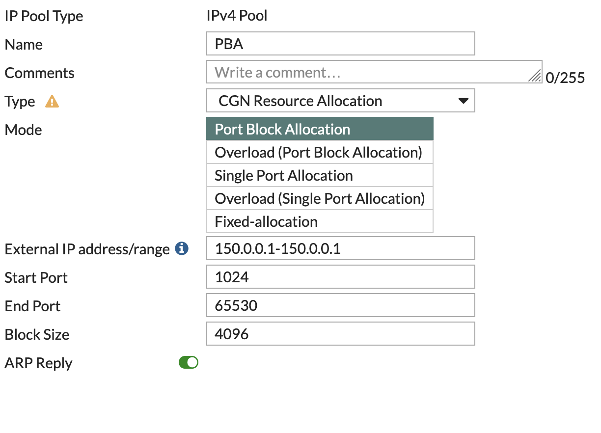 Port Block Allocation (PBA) | FortiGate / FortiOS 7.4.6 | Fortinet Document Library