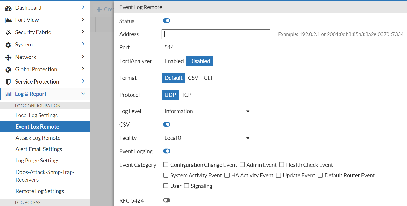 Event Log remote logging configuration page | FortiDDoS-F 7.0.4 | Fortinet Document Library