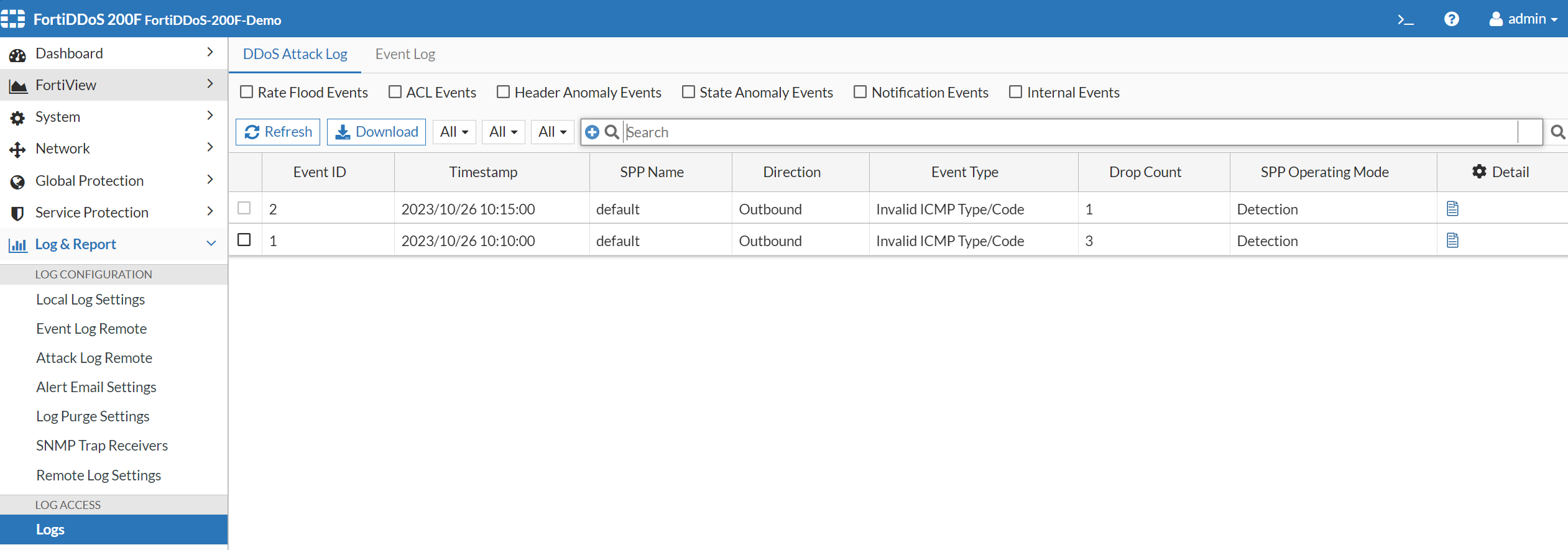 Using the DDoS attack log table | FortiDDoS-F 7.0.4 | Fortinet Document Library