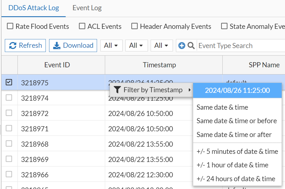 Using the DDoS attack log table | FortiDDoS-F 7.0.4 | Fortinet Document Library