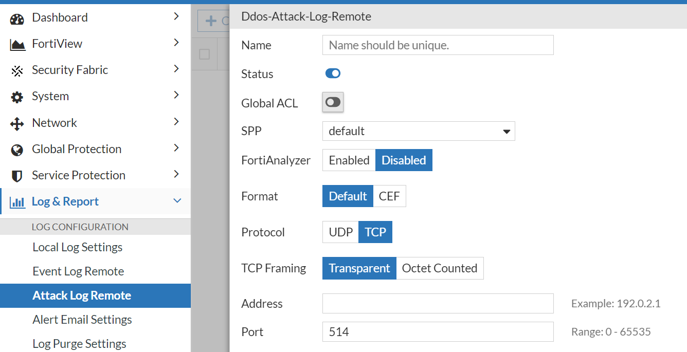 Attack Log remote logging configuration page | FortiDDoS-F 7.0.4 ...