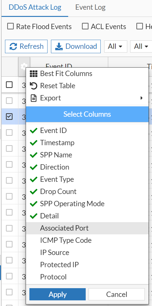 Using the DDoS attack log table | FortiDDoS-F 7.0.4 | Fortinet Document Library