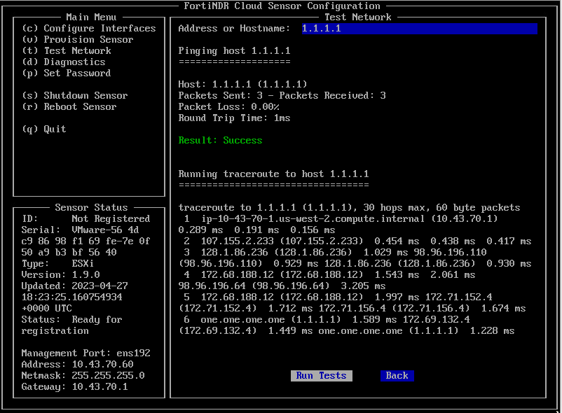 Network connectivity verification | FortiNDR Cloud Sensors | Fortinet ...