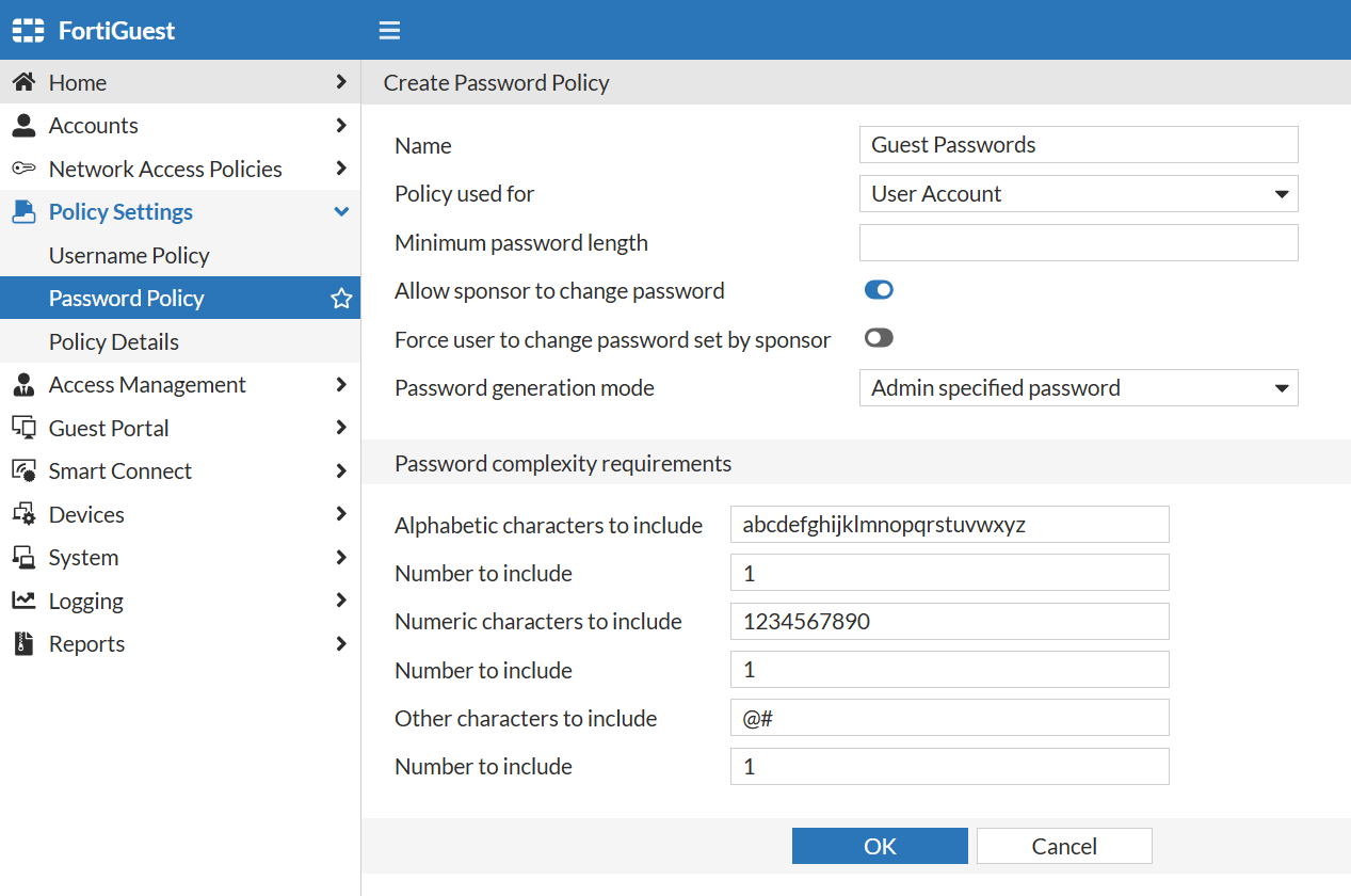 Setting the Guest Password Policy | FortiGuest 2.0.0 | Fortinet ...