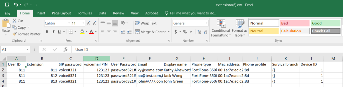 Downloading and editing the CSV file | FortiVoice 6.0.4 | Fortinet ...