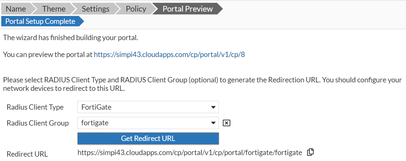Creating the Portal Redirection URL | FortiGuest 2.0.0 | Fortinet Document Library