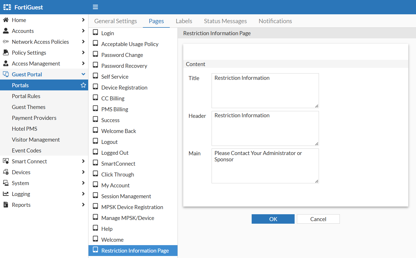 Configuring Restriction Information Page | FortiGuest 2.0.0 | Fortinet ...