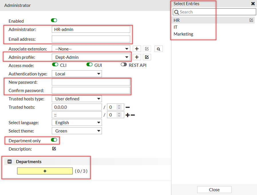 Creating a department administrator profile and account | FortiVoice 7. ...