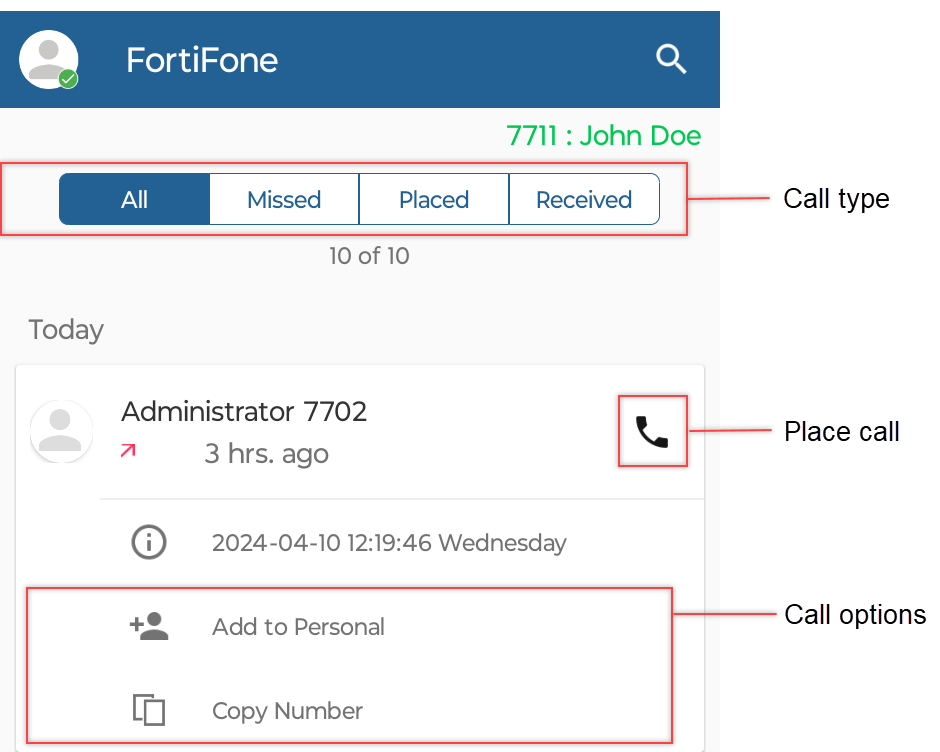 Checking the call history | FortiFone | Fortinet Document Library