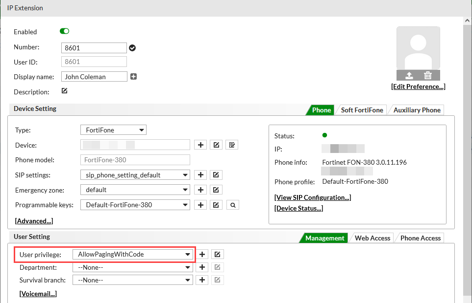 Configuring an account code and user privilege for branch paging ...