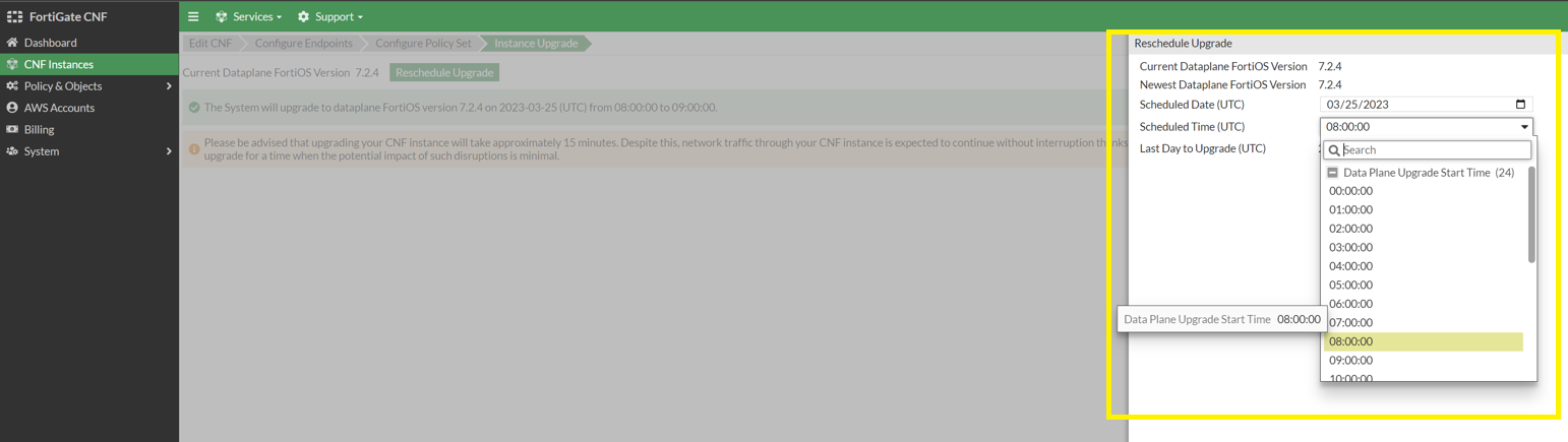 Schedule FortiGate CNF instance upgrades 23.1.a | FortiGate CNF 23.2.0