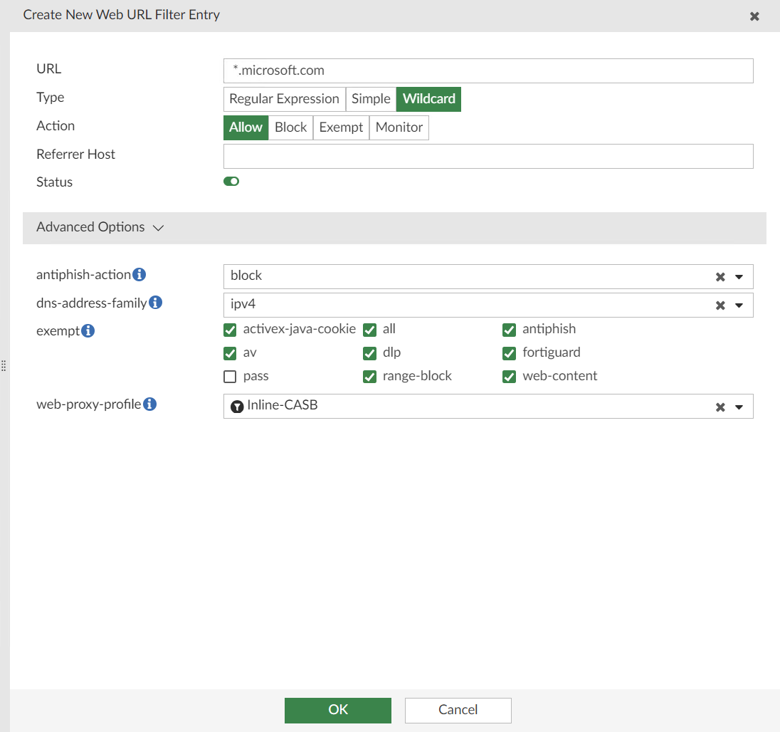 Creating and applying a new CASB profile to Web Filter profile ...
