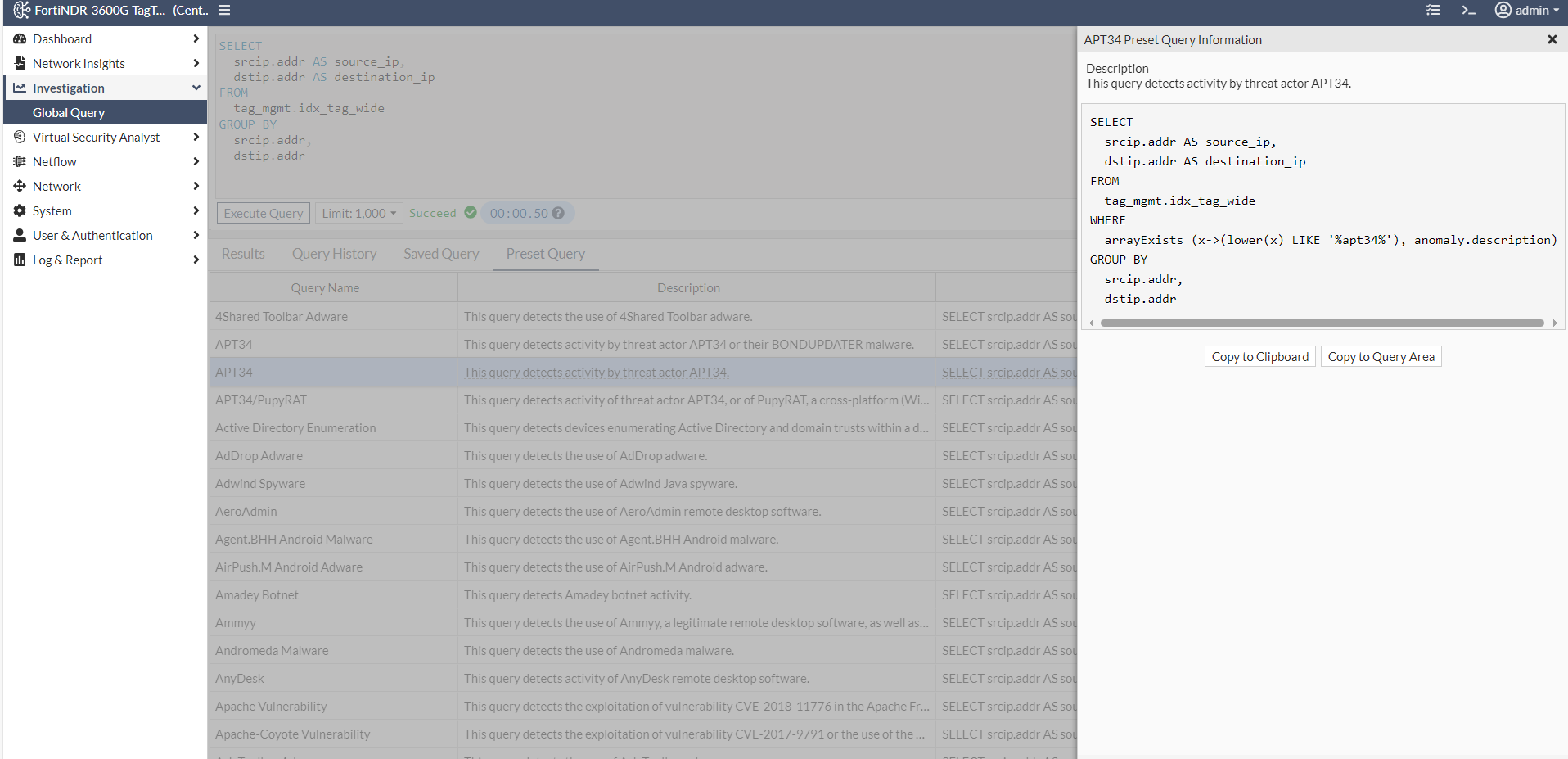 Global query | FortiNDR 7.6.2 | Fortinet Document Library