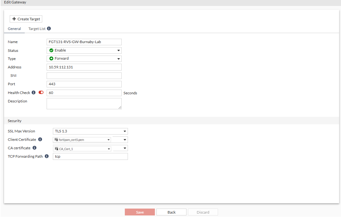 Configuring a gateway entry on FortiPAM server for secret launch (traffic plane) | FortiPAM 1.7. ...
