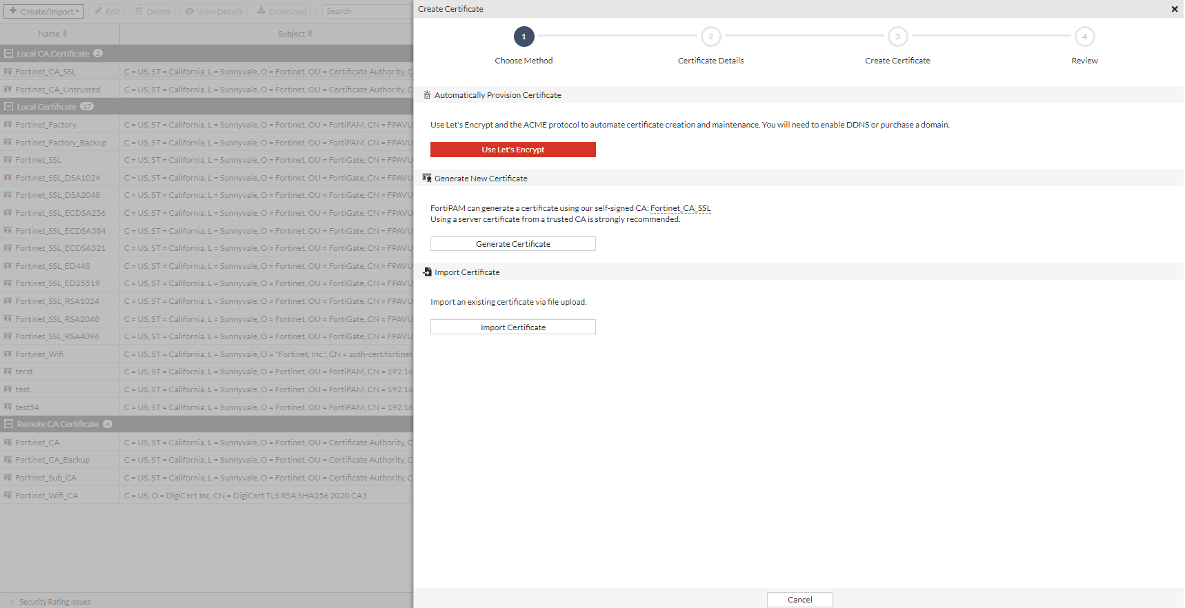Creating a certificate | FortiPAM 1.7.0 | Fortinet Document Library
