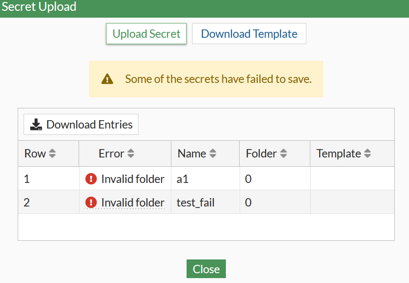 Uploading secrets using the secret upload template | FortiPAM 1.0.2