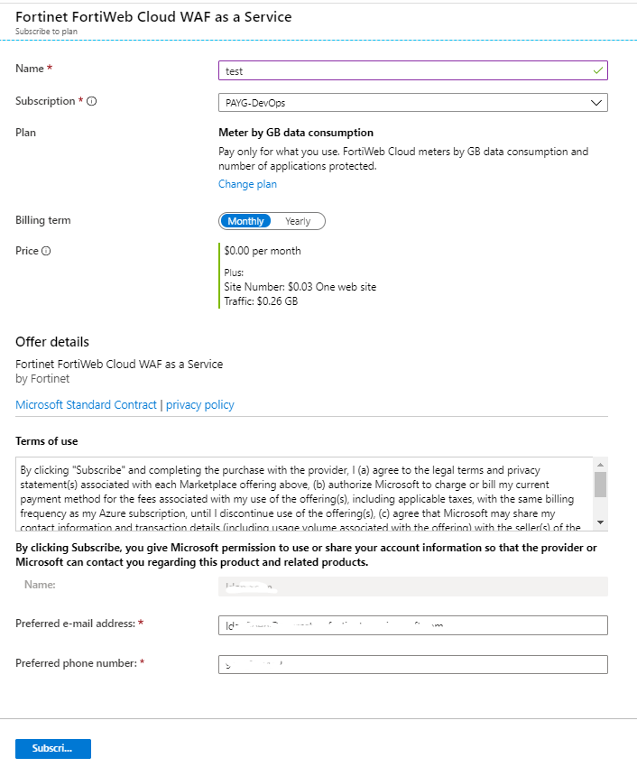 Subscribing on Azure Marketplace | FortiWeb Cloud 23.3.0 | Fortinet Document Library