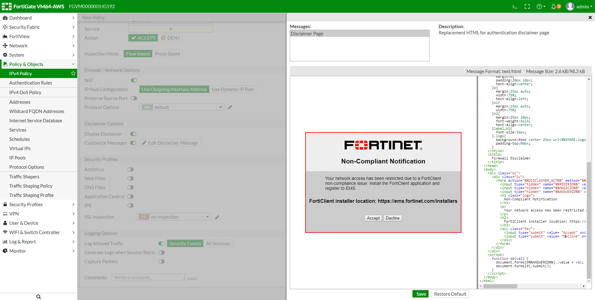 Per-policy disclaimer messages | FortiGate / FortiOS 6.2.16 | Fortinet ...