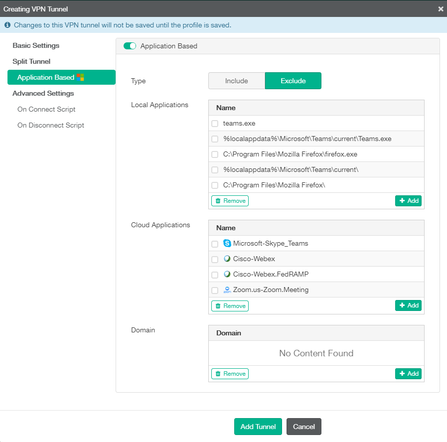 Configuring a profile with application-based split tunnel | FortiClient ...