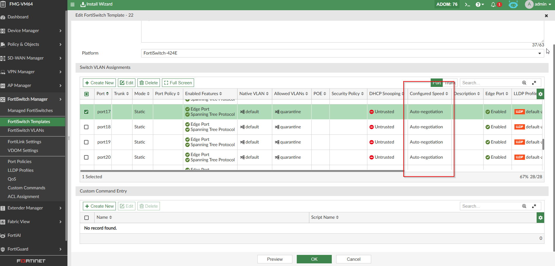 FortiSwitch Template allows for configuration of port speed and duplex ...