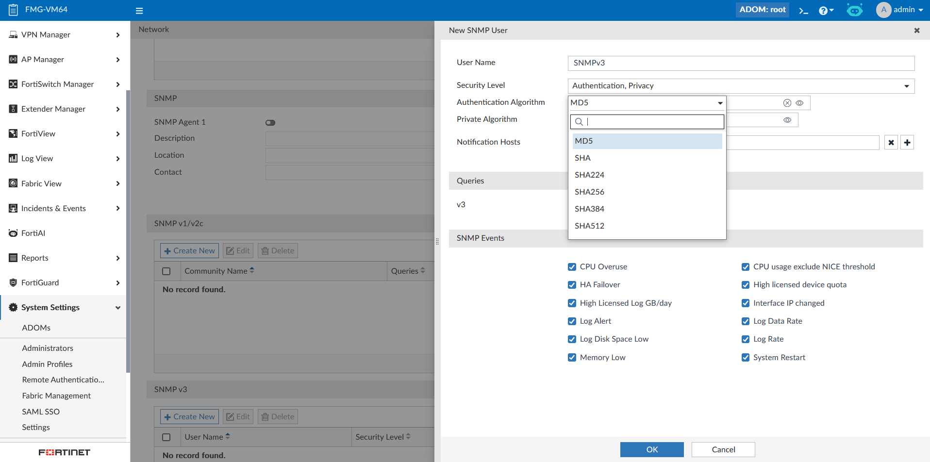 Support higher authentication and encryption for SNMP v3 | FortiManager ...