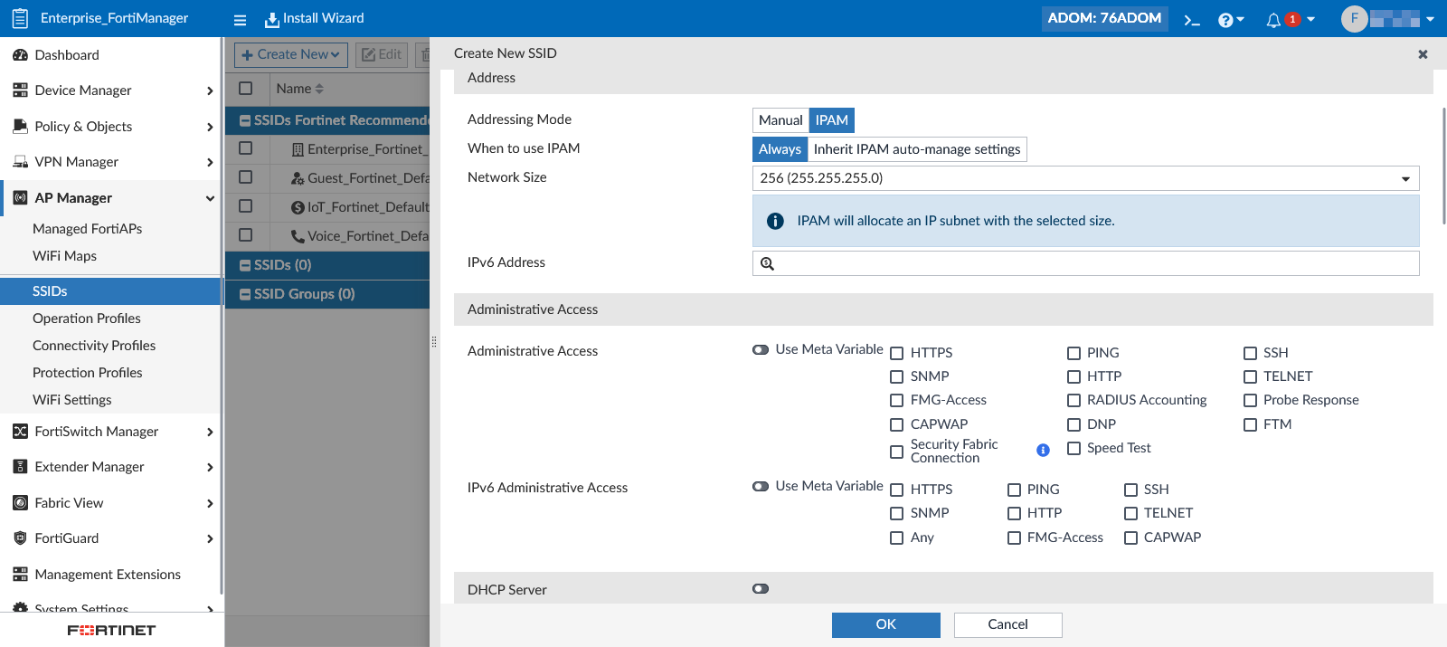 IPAM support to configure DHCP on device interface, FortiSwitch VLANs, and SSID under WiFi ...