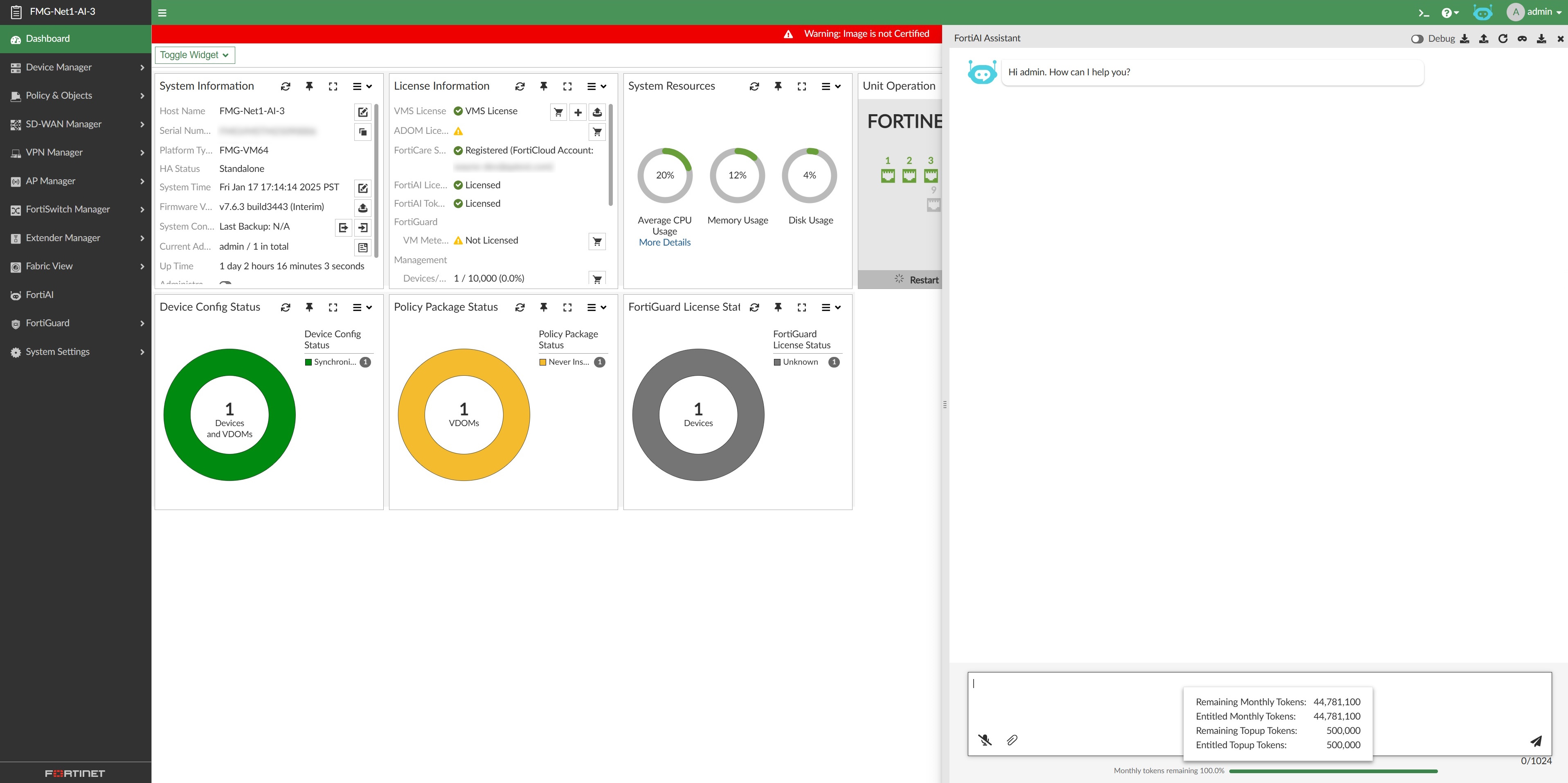Display FortiAI top-up token quantities in the GUI 7.6.3 | FortiManager ...