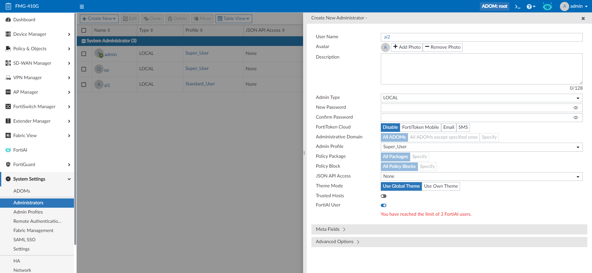 FortiAI license enforces usage for 3 local administrators ...