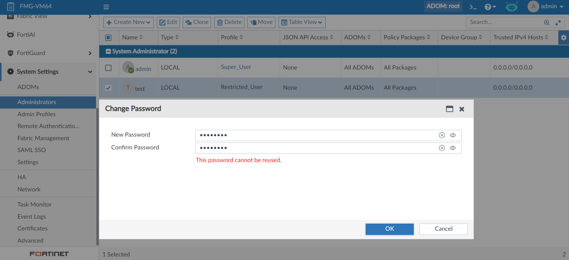 Password history can be enforced for up to 20 passwords | FortiManager ...