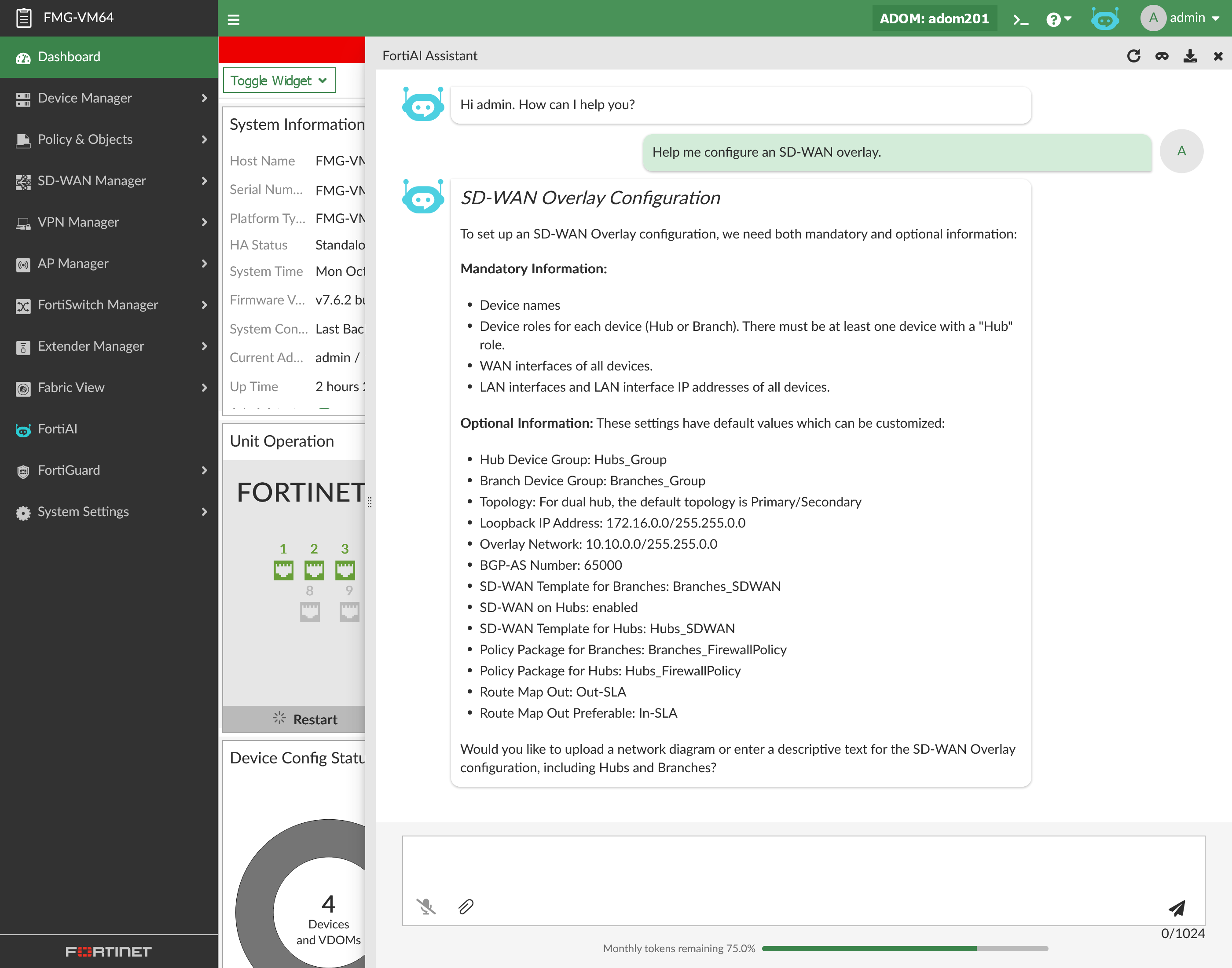 SD-WAN overlay configuration using FortiAI 7.6.2 | FortiManager 7.6.0 ...