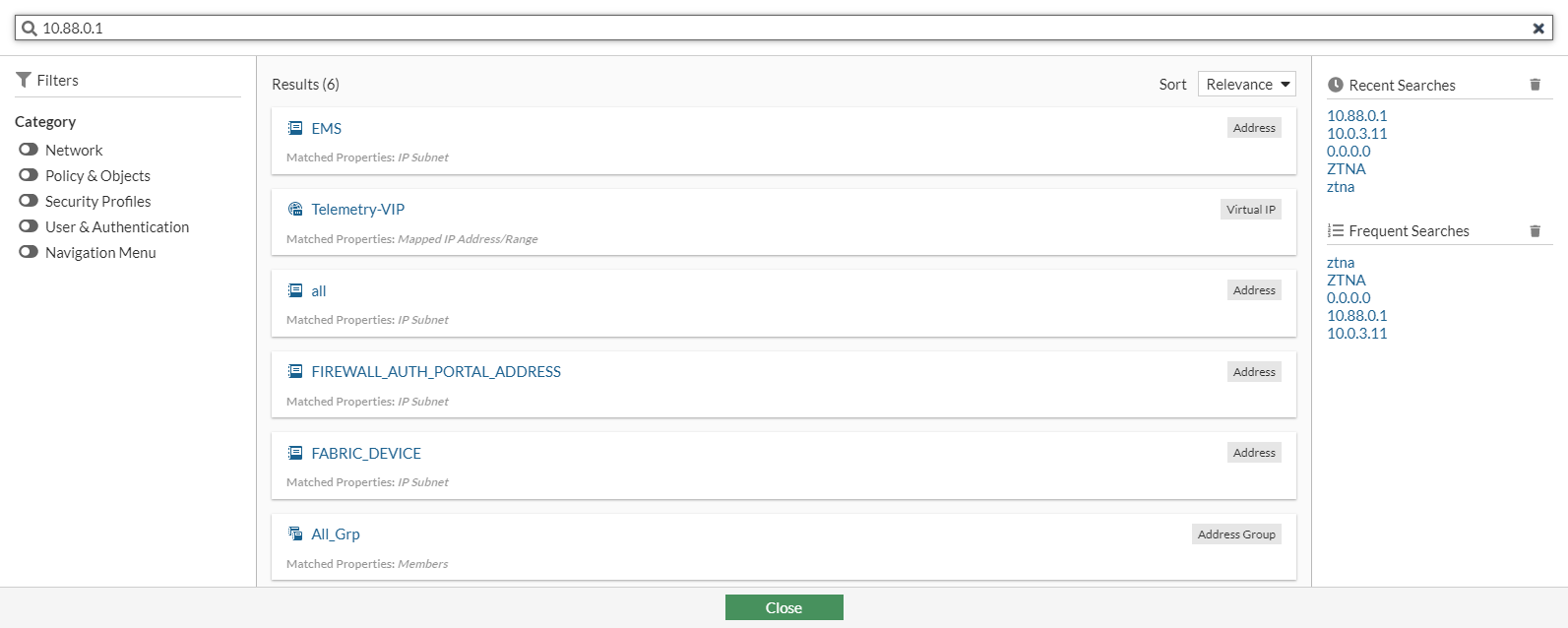 GUI-based global search | FortiGate / FortiOS 7.0.17 | Fortinet ...