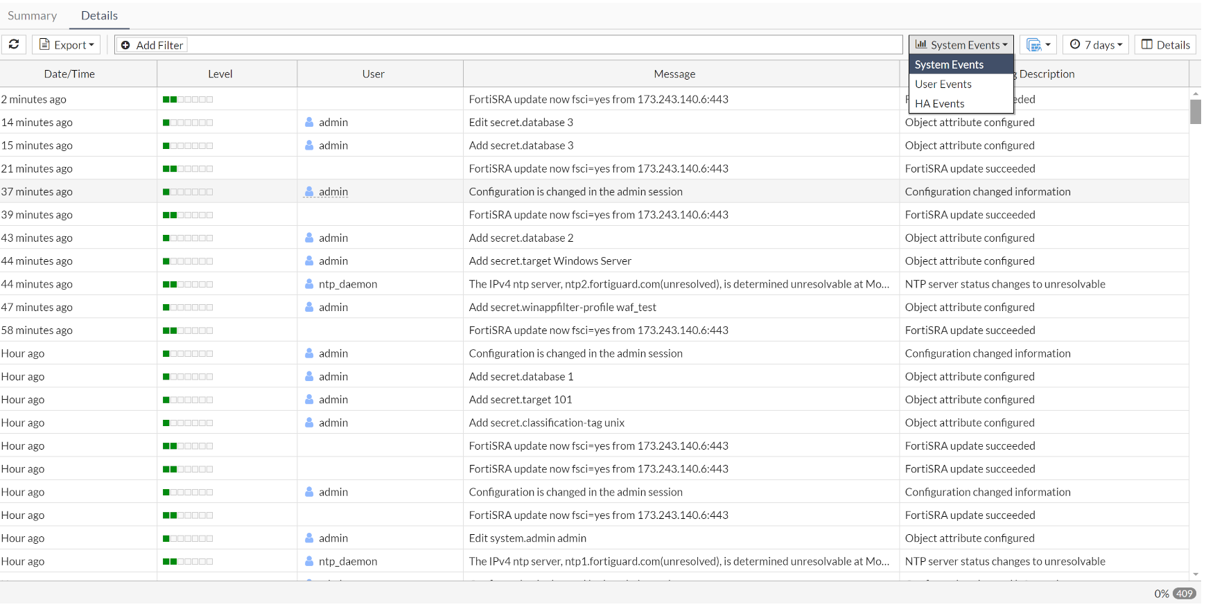 System event | FortiSRA 1.5.0 | Fortinet Document Library