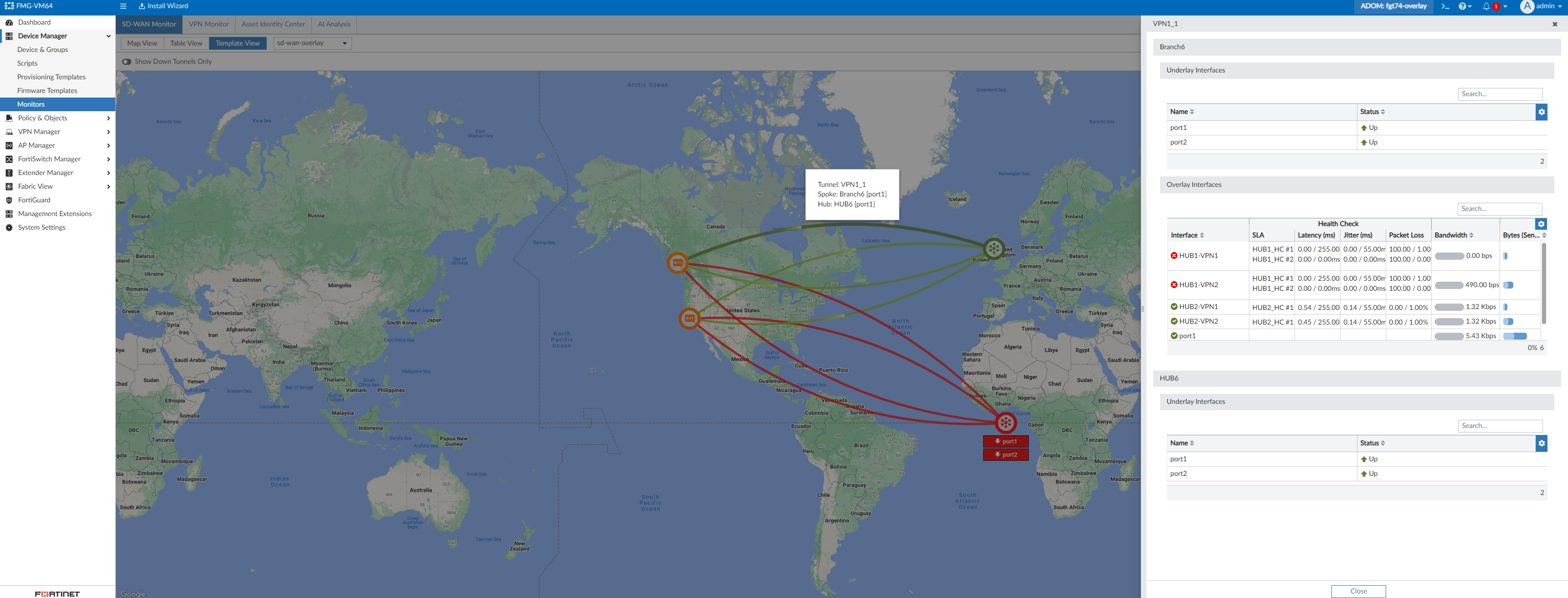 SD-WAN monitoring map enhancements FMG | FortiGate / FortiOS 7.4.0