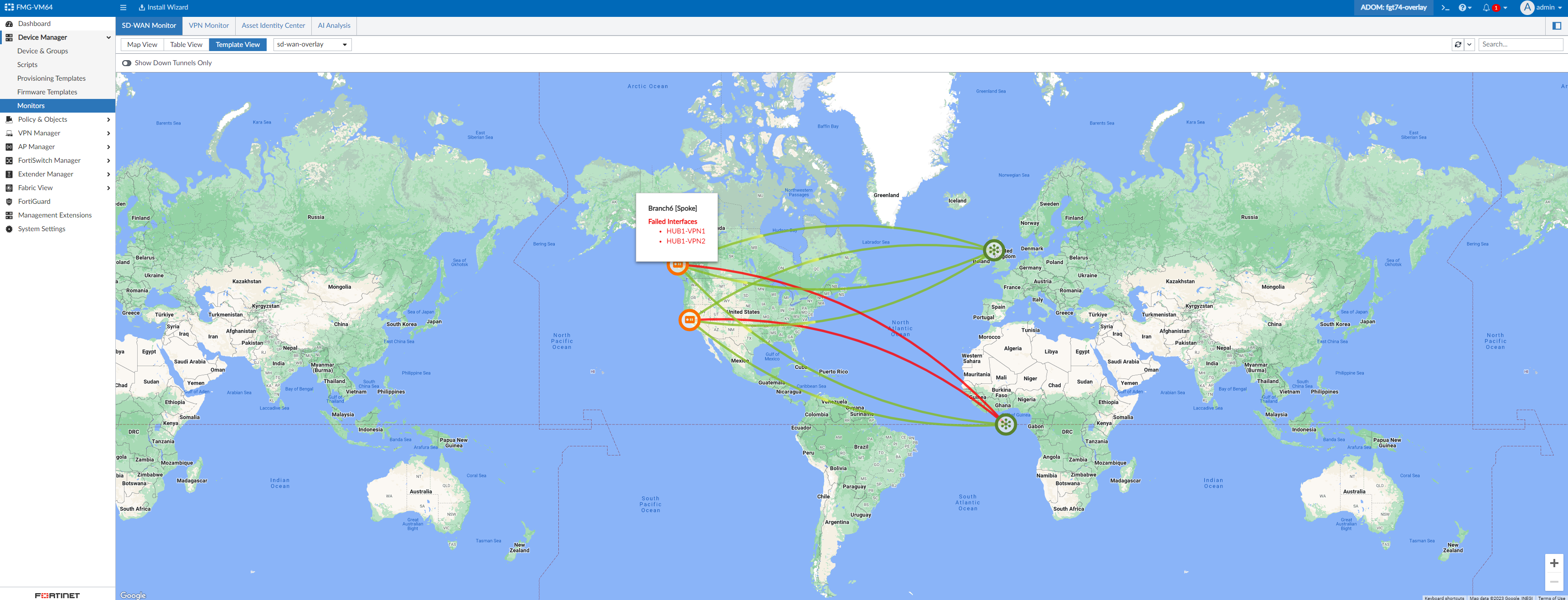 SD-WAN monitoring map enhancements FMG | FortiGate / FortiOS 7.4.0