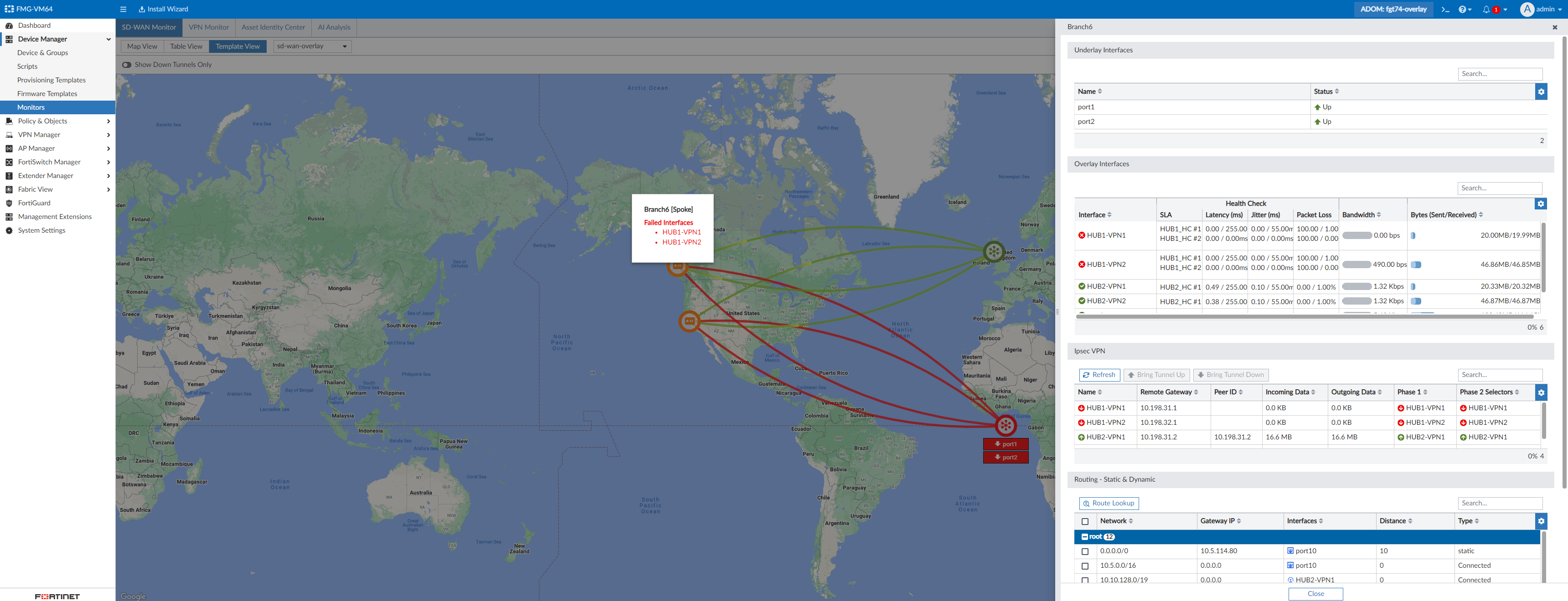 SD-WAN monitoring map enhancements FMG | FortiGate / FortiOS 7.4.0