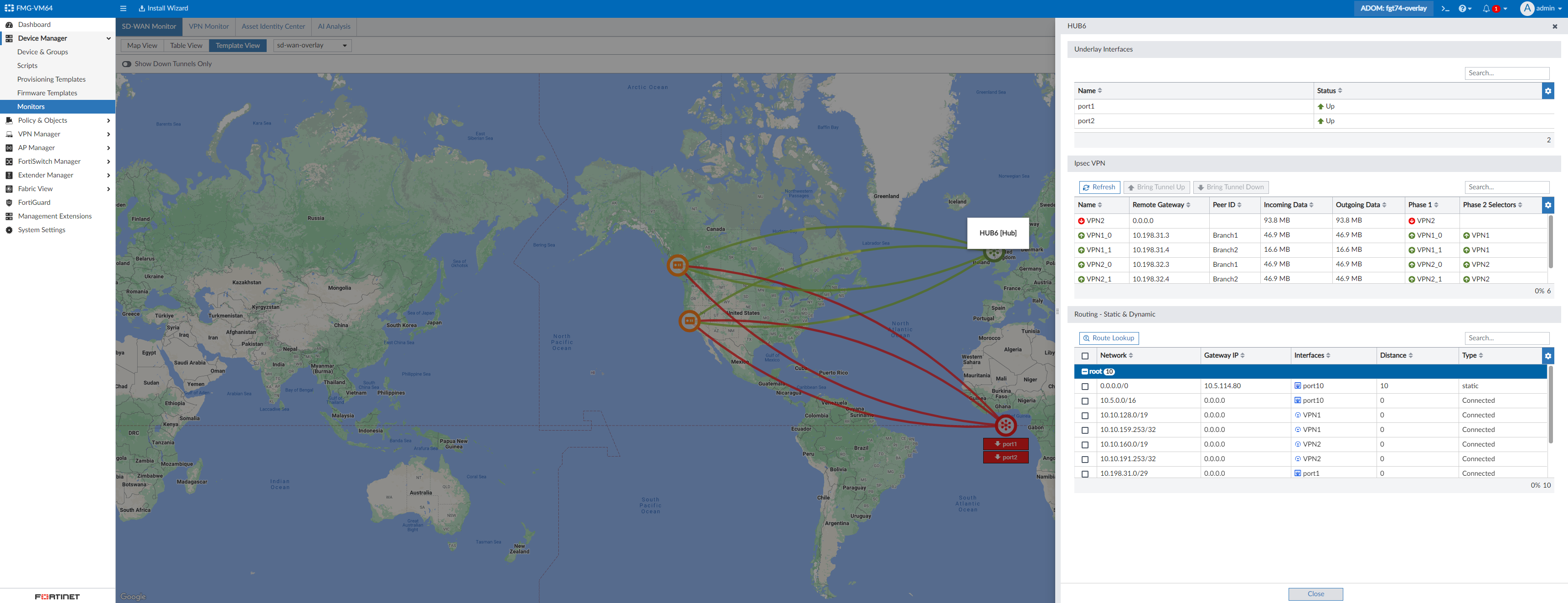 SD-WAN monitoring map enhancements FMG | FortiGate / FortiOS 7.4.0