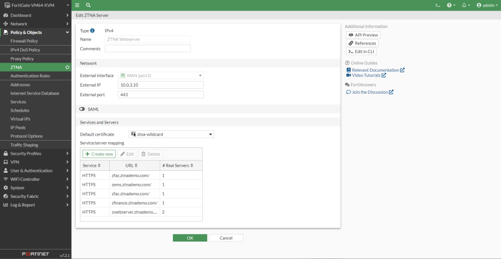 ZTNA server configurations | FortiGate / FortiOS 7.2.2