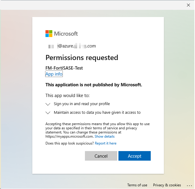 Confirming Azure AD prompts after FortiClient installation | FortiSASE ...