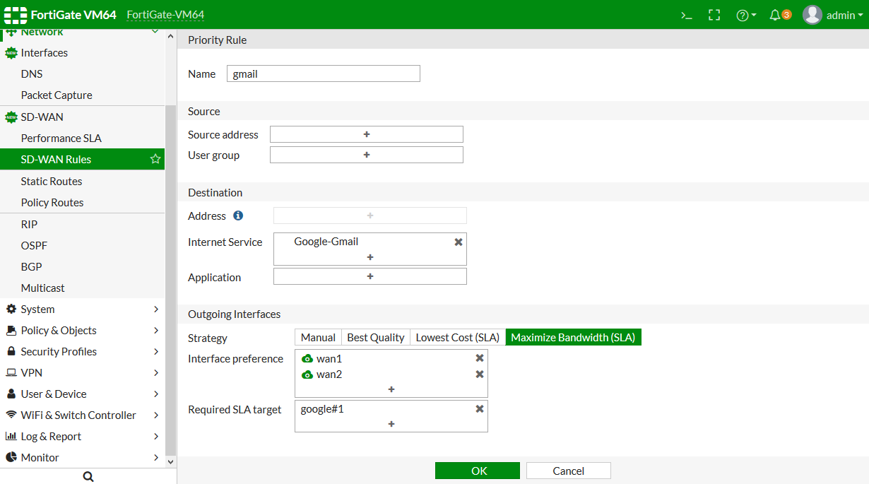 SD-WAN rules - maximize bandwidth (SLA) | FortiGate / FortiOS 6.2.14