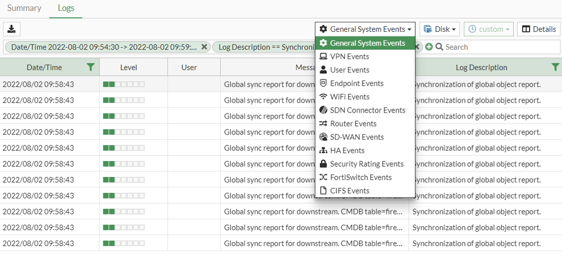 Viewing event logs | FortiGate / FortiOS 7.2.8 | Fortinet Document Library